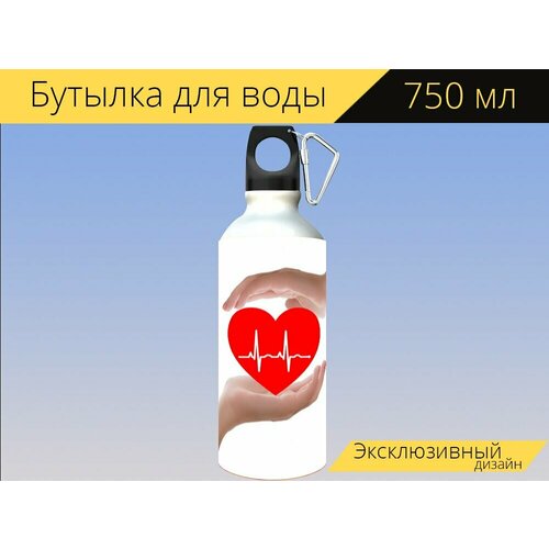 Бутылка фляга для воды "Сердце, сердечная забота, здоровье сердца" 750 мл. с карабином и принтом
