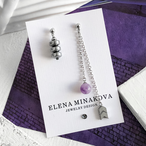 Серьги ELENA MINAKOVA Jewelry Design, аметист, гематит, размер/диаметр 80 мм, серебряный, серый