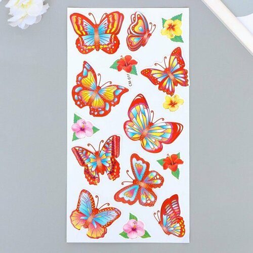 Наклейка бумага интерьерная "Бабочки и цветы" с глиттером 33х14,5 см (комплект из 9 шт)