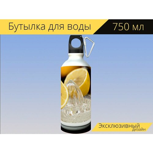 Бутылка фляга для воды "Соковыжималка для лимона, лимонный сок, цитрусовые" 750 мл. с карабином и принтом