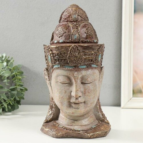 Сувенир полистоун бюст "Голова Будды в головном уборе" песочный 13,5х15,5х31 см