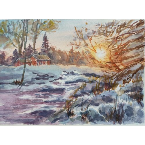 Картина акварель "Зимний пейзаж" ручная работа, размер А4