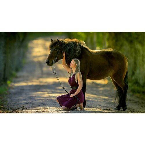 Картина на холсте 60x110 LinxOne "Девушка конь настроение дорога" интерьерная для дома / на стену / на кухню / с подрамником