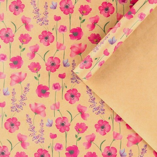 Бумага упаковочная крафтовая «Розовые полевые цветы», 50 х 70 см (комплект из 60 шт)