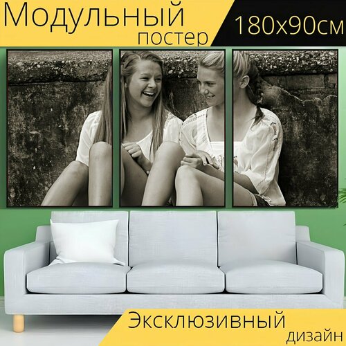 Модульный постер "Девушки, молодой, счастливый" 180 x 90 см. для интерьера
