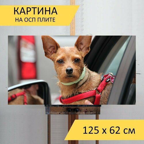 Картина на ОСП 125х62 см. "Собака, маленькая собака, окно машины" горизонтальная, для интерьера, с креплениями