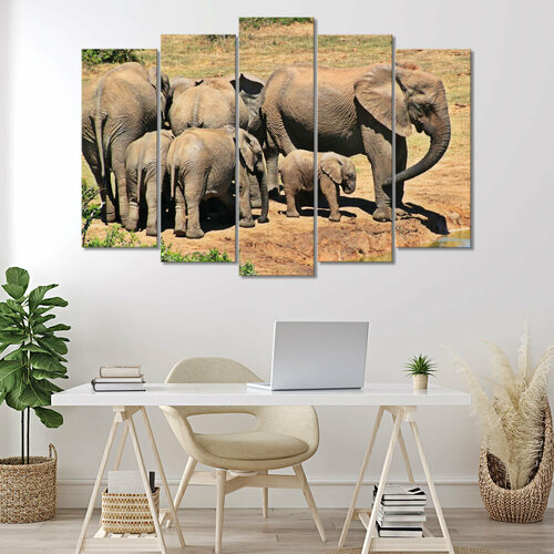 Модульная картина/Модульная картина на холсте/Модульная картина в подарок/семейство слонов - the elephant family 150х100