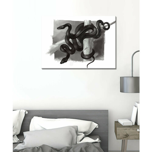 Картина - змея, чёрные змеи, на белом фоне, змеи вокруг дерева, арт, минимализм (118) 50х70
