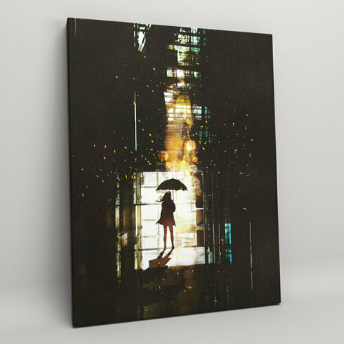 Картина на холсте (интерьерный постер) "Силуэт девушки с зонтиком, стоящей у окна", с деревянным подрамником, размер 30x40 см