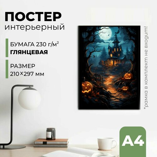 Постер/Постеры для интерьера "Плакат Хэллоуин HALLOWEEN Луна над замком " бумага глянцевая, размер 20 см х 30 см.