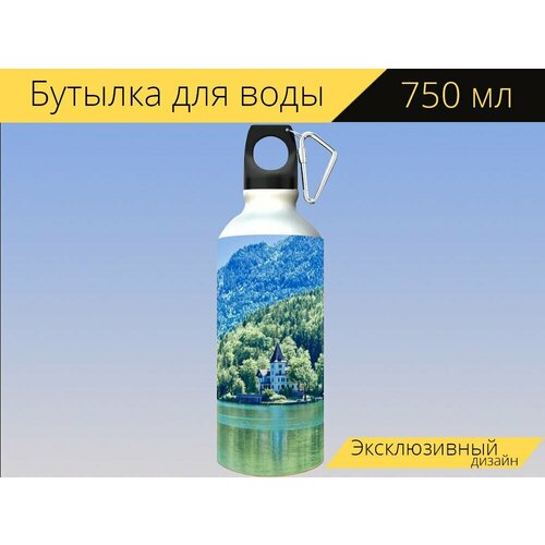 Бутылка фляга для воды "Серенити, дом, озеро" 750 мл. с карабином и принтом