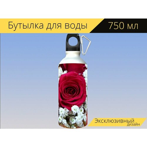 Бутылка фляга для воды "Букет цветов, красный цветок, роза" 750 мл. с карабином и принтом