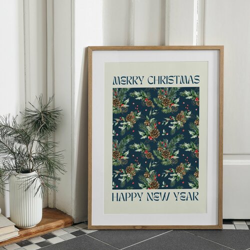 Постер интерьерный новогодний с принтом шишки и ягоды, надпись Merry Christmas Happy New year, 30х40 см, без рамы