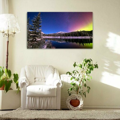 Картина на холсте 60x110 LinxOne "Зима горное озеро ели" интерьерная для дома / на стену / на кухню / с подрамником