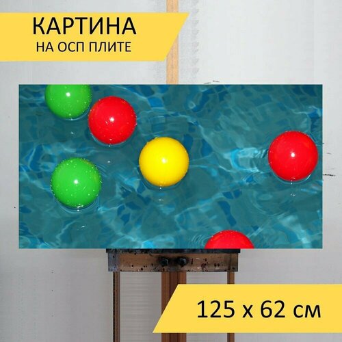 Картина на ОСП 125х62 см. "Бассейн, плавание, мячи" горизонтальная, для интерьера, с креплениями
