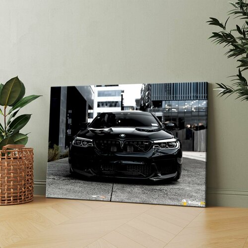 Картина на холсте (Черный автомобиль BMW припаркован на городской улице) 20x30 см. Интерьерная, на стену.