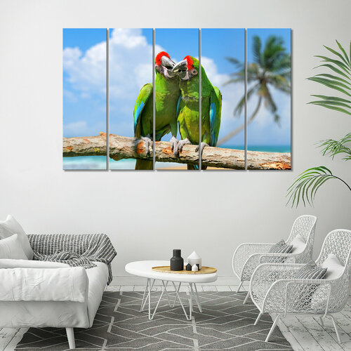 Модульная картина/Модульная картина на холсте/Модульная картина в подарок/ Попугаи под пальмой - Parrots under a palm tree 125х80