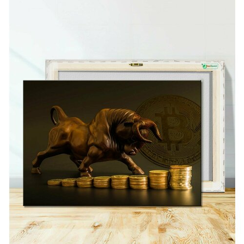 Картина для интерьера Биткоин, денежный бык, золото, деньги 60х80