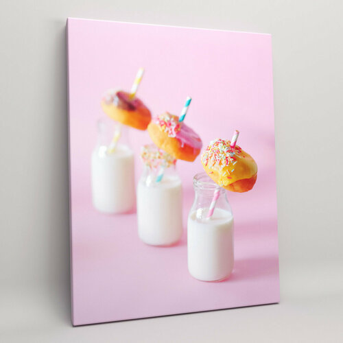 Картина на холсте (интерьерный постер) "Молочный коктейль с пончиками" для кухни, кафе и ресторанов, с деревянным подрамником, размер 30x40 см