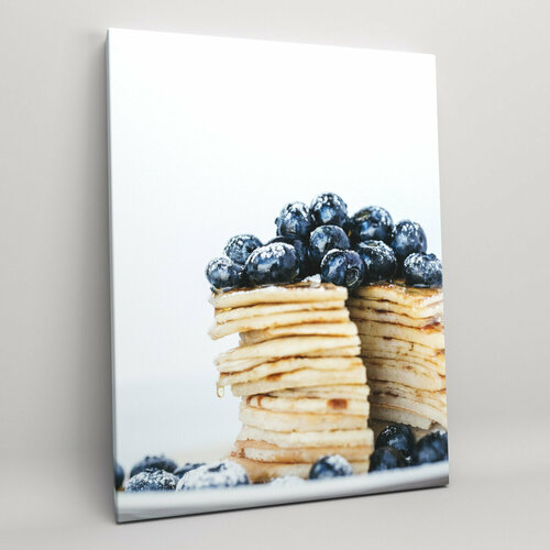 Картина на холсте (интерьерный постер) "Блинчики с голубикой" для кухни, кафе и ресторанов, с деревянным подрамником, размер 30x40 см