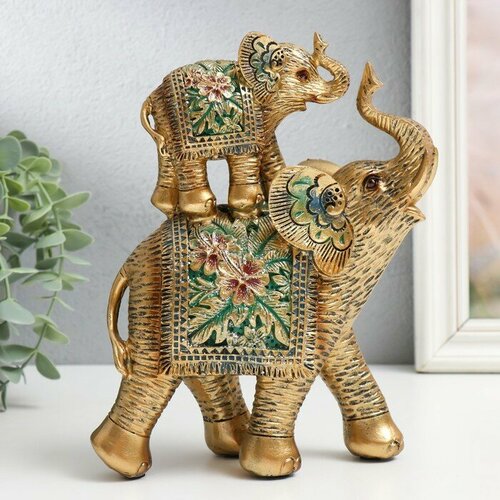 SUI Сувенир полистоун "Слон со слонёнком на спине - Экзотические цветы" 16х6,5х20,5 см