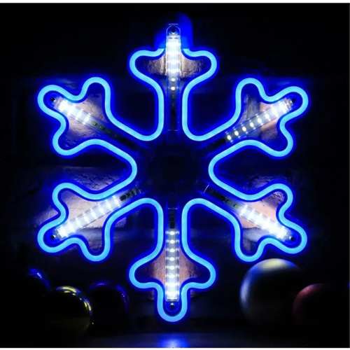 Новогодняя гирлянда уличная - Снежинка неоновая синяя, с белыми разводами, 37 см