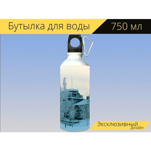 Бутылка фляга для воды "Финляндия, пейзаж, зима" 750 мл. с карабином и принтом