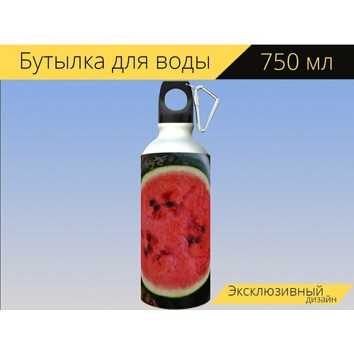 Бутылка фляга для воды "Арбуз, фрукты, круглый" 750 мл. с карабином и принтом
