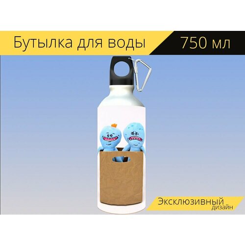 Бутылка фляга для воды "Рик и морти, персонажи фильма, эмоции" 750 мл. с карабином и принтом