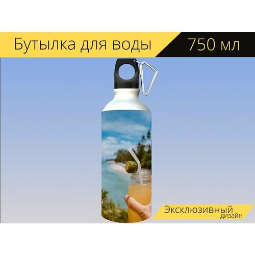 Бутылка фляга для воды "Море, пляж, белый" 750 мл. с карабином и принтом