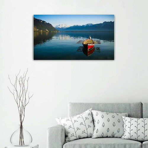Картина на холсте 60x110 LinxOne "Лодка озеро зеркало горы" интерьерная для дома / на стену / на кухню / с подрамником