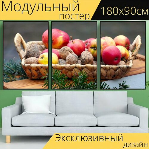 Модульный постер "Яблоко, орехи, корзина" 180 x 90 см. для интерьера