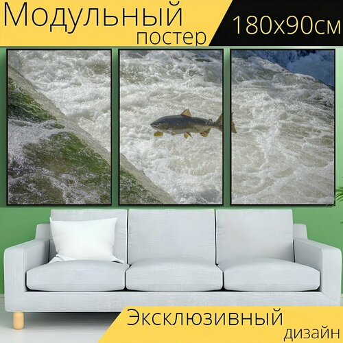 Модульный постер "Лосось, рыбы, водопад" 180 x 90 см. для интерьера