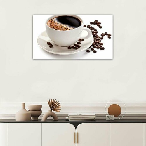 Картина на холсте 60x110 LinxOne "Кофе белый фон зёрна чашка" интерьерная для дома / на стену / на кухню / с подрамником