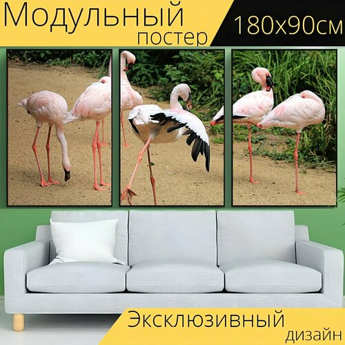 Модульный постер "Фламинго, птицы, розовый" 180 x 90 см. для интерьера