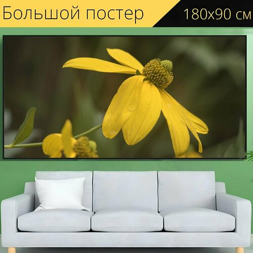Большой постер "Желтый подсолнух, цветок, цветочный" 180 x 90 см. для интерьера