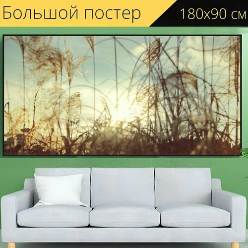 Большой постер "Пейзаж, солнце, заход солнца" 180 x 90 см. для интерьера