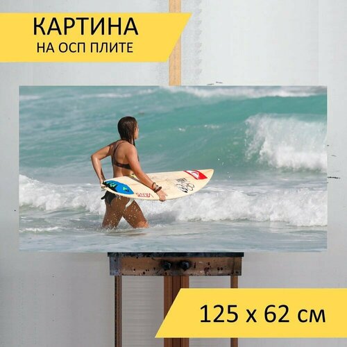 Картина на ОСП 125х62 см. "Серфить, океан, вода" горизонтальная, для интерьера, с креплениями