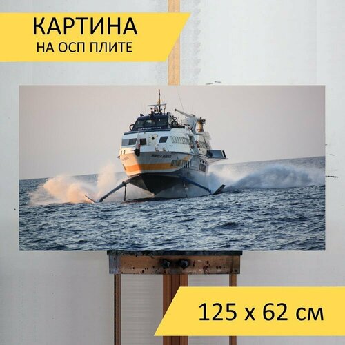Картина на ОСП 125х62 см. "Ветряная турбина, сицилия, лодка" горизонтальная, для интерьера, с креплениями