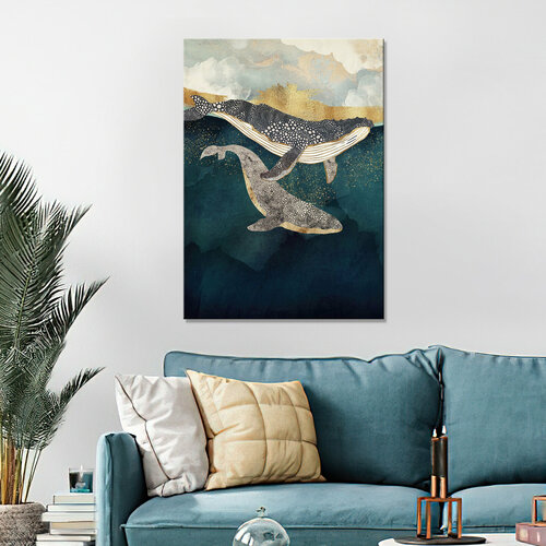 Интерьерная картина на холсте в гостиную, детскую, кухню, офис/постер на стену/ Сине-золотые киты арт 40х55