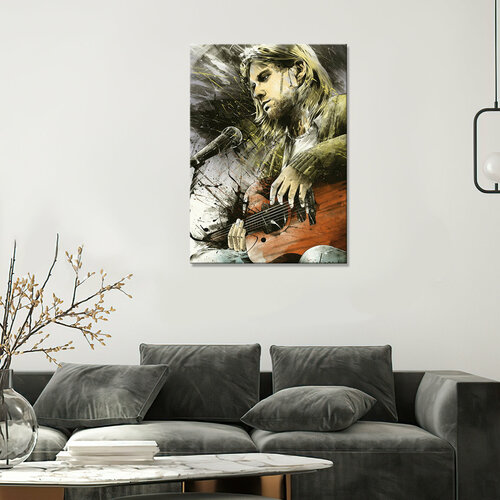 Интерьерная картина на холсте - Курт Кобейн сидит с гитарой арт 40х60