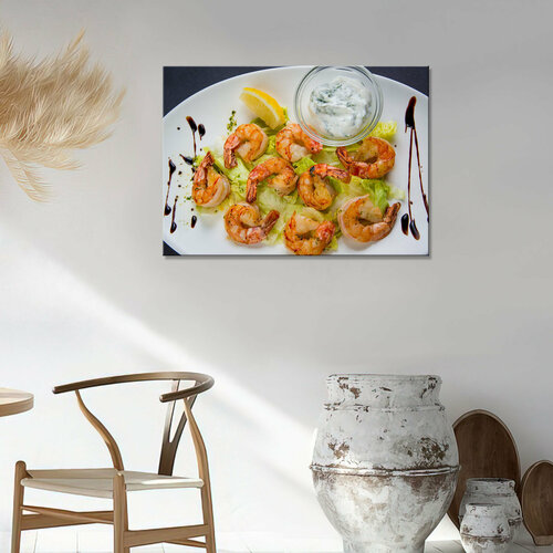 Картина/Картина на холсте для интерьера/Картина на стену/Картина для кухни/ - Креветки на блюде с соусом 60х80