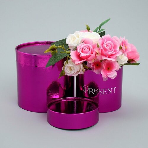 Дарите Счастье Набор коробок 2 в 1 круглые, упаковка подарочная, «Present», розовый металлик, 12 х 12, 15 х 15 см
