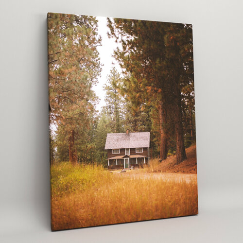 Картина на холсте (интерьерный постер) "Домик в лесу" в скандинавском стиле, с деревянным подрамником, размер 45x60 см