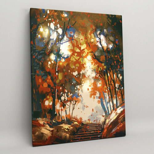 Картина на холсте (интерьерный постер) "Лестница в осеннем парке", с деревянным подрамником, размер 45x60 см