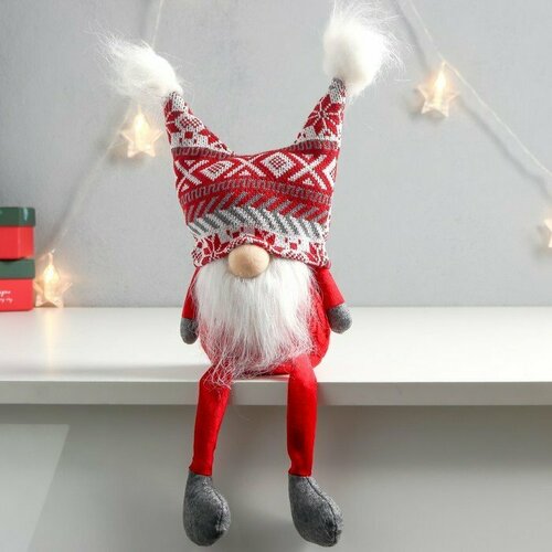 Кукла интерьерная "Дед Мороз в шапке с красными узорами, с бомбошками" 41х13х10 см (комплект из 3 шт)