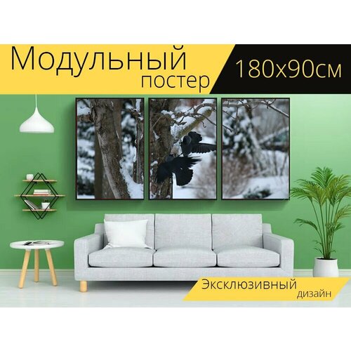 Модульный постер "Галка, птица, зима" 180 x 90 см. для интерьера