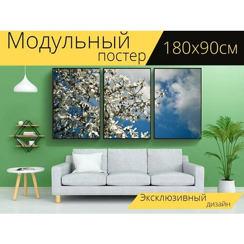 Модульный постер "Магнолии, дерево, цвести" 180 x 90 см. для интерьера