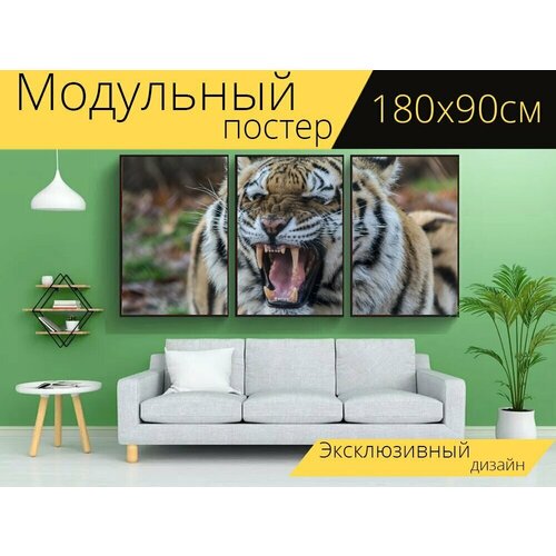 Модульный постер "Тигр, животное, рев" 180 x 90 см. для интерьера