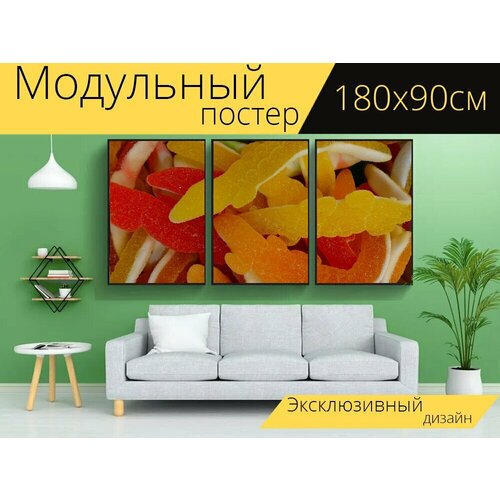 Модульный постер "Сладости, фруктовая жевательная резинка, крокодилы" 180 x 90 см. для интерьера